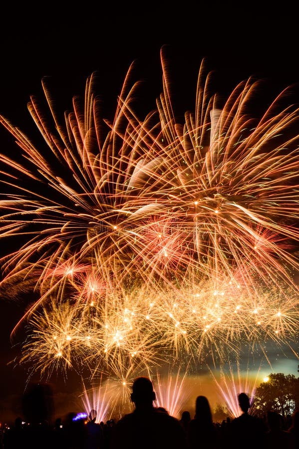 Night Fireworks Display, Large Numbers of People Gathered Stock Photo ...
