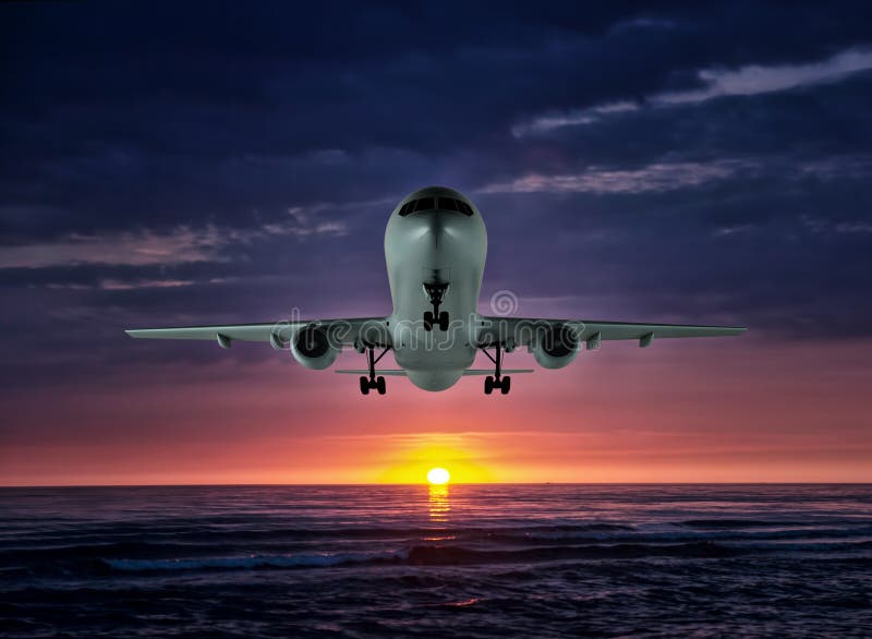 The Night Flight. Airplane Over the Sea Stock Photo - Image of infinity ...