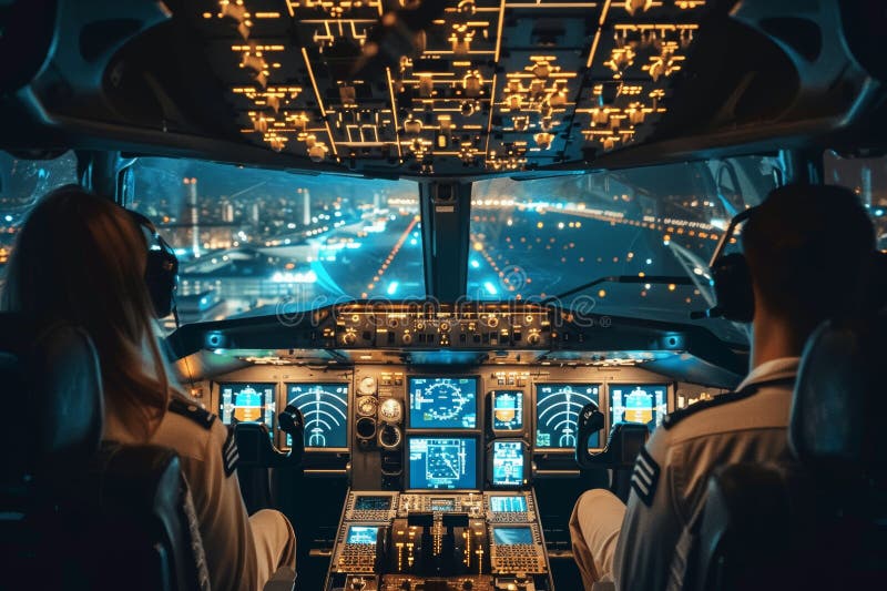 Night Flight Cockpit with Two Pilots Flying To Runway, Close-Up on ...