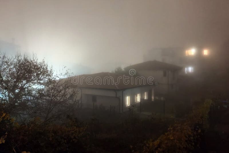 Night Fog, Light in the Windows of Houses Stock Image - Image of ...