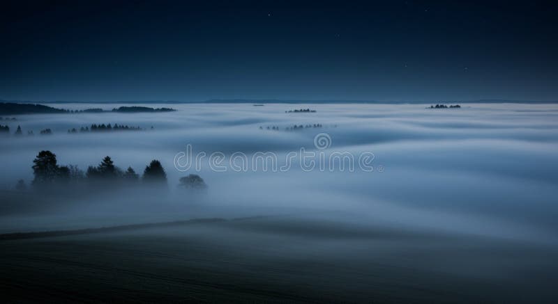 Night Fog Rolling Across Serene Landscape Stock Illustration ...