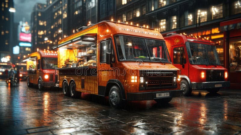 Night Food Trucks in the Rain Stock Illustration - Illustration of ...