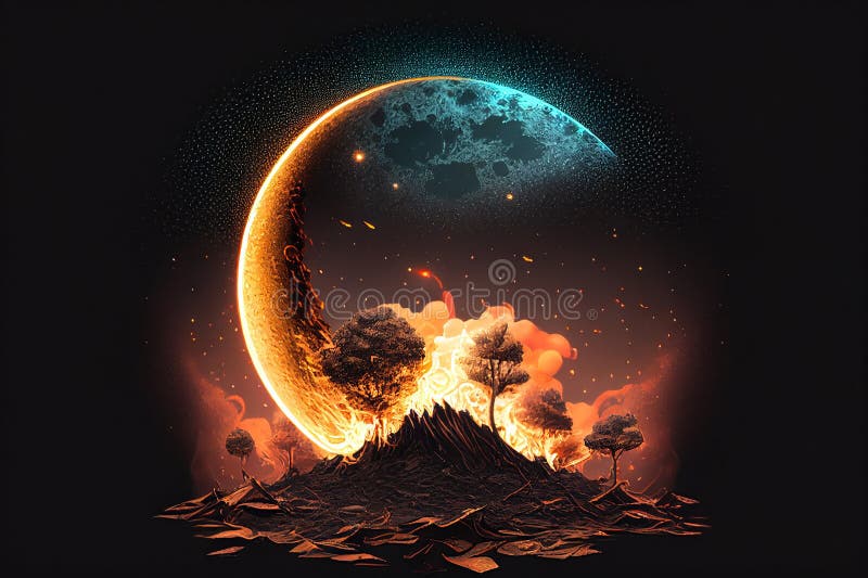 Night Forest with Burning Fire Against the Background of the Moon ...