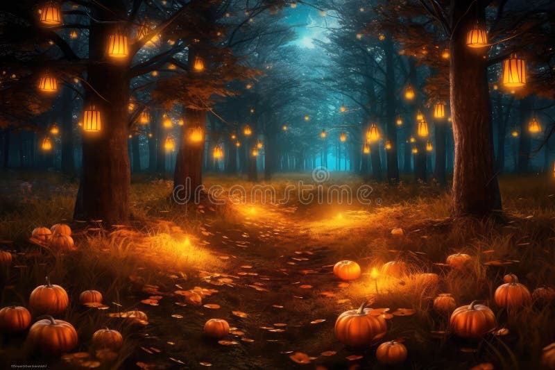 In the Night Forest, Fireflies Create a Magical Glow Over Pumpkins ...