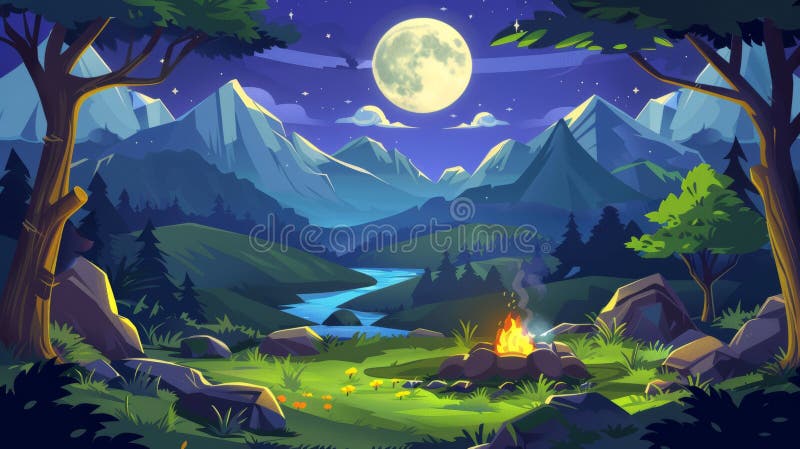 The Night Forest Has a Camp, a Fire, a River and Mountains Stock Photo ...