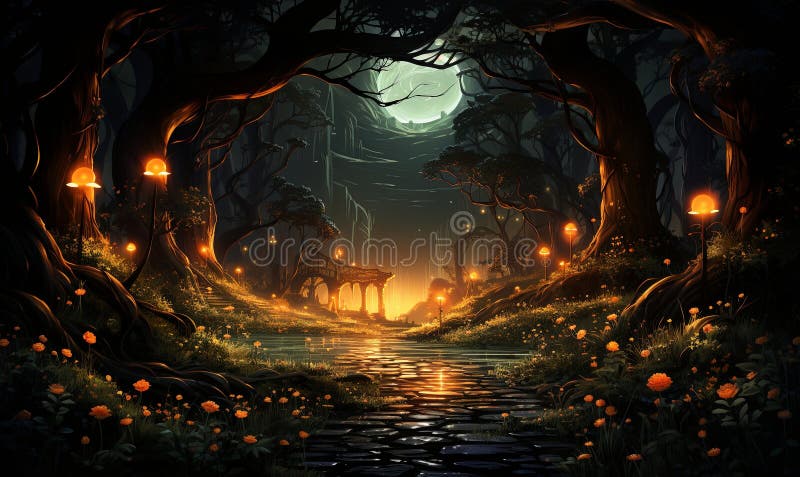 Night Forest with Lanterns stock photo. Image of ambiance - 337792910