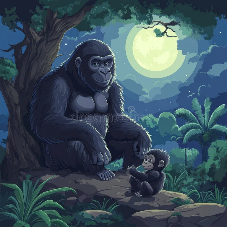 In a Night Forest, a Mother Gorilla is with Her Cub Under a Tree Stock ...