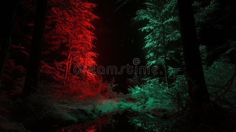 Night Forest Path, Red-green Light, Reflection, Fantasy Stock Photo ...