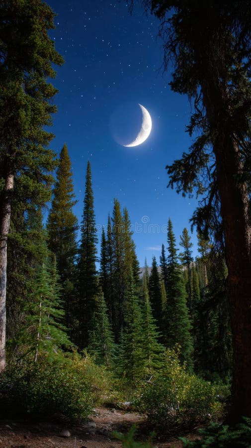 Night Forest Scene Featuring a Crescent Moon and Starry Sky Viewed ...
