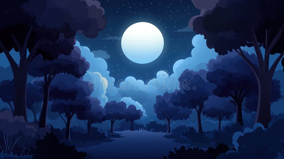 Night Forest Scene with Full Moon and Trees Stock Illustration ...