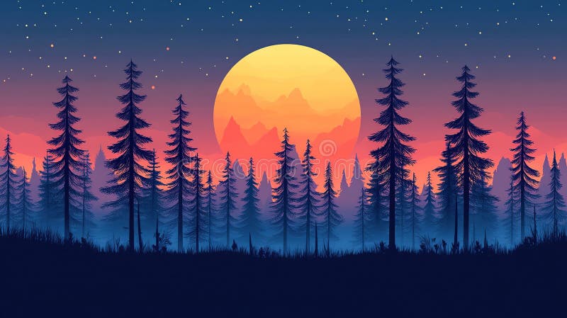 Night Forest Silhouettes, Sunset, Mountains, Stars. Background ...