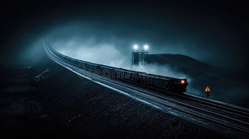 Night Freight Train on Misty Tracks with Dim Lights in Mysterious ...