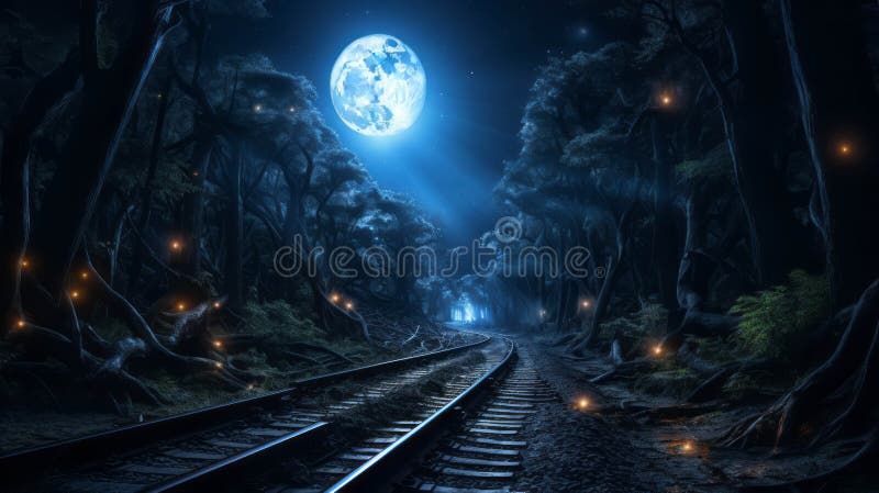 A Night with a Full Moon with Train Lines in a Deep Forest Stock ...
