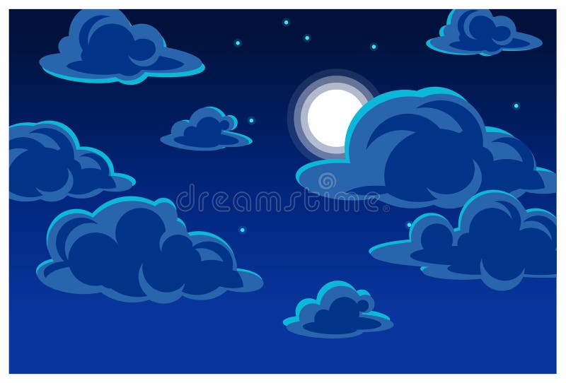 Night Fullmoon Sky with Fluffy Clouds. Cartoon Vector Clouds. Stock ...
