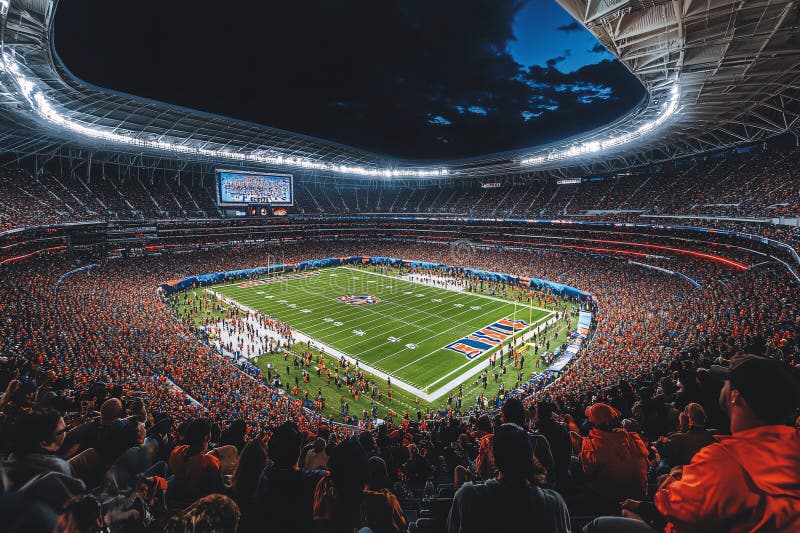 During a Night Game, a Wide Angle Shot of a Packed Stadium with the ...