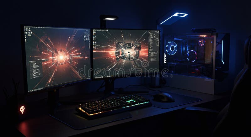Night Gaming Setup: RGB Lit PC and Triple Monitors Stock Illustration ...