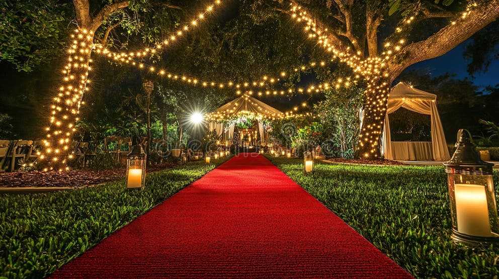 Night Garden Party, Red Carpet, String Lights, Event Stock Photo ...