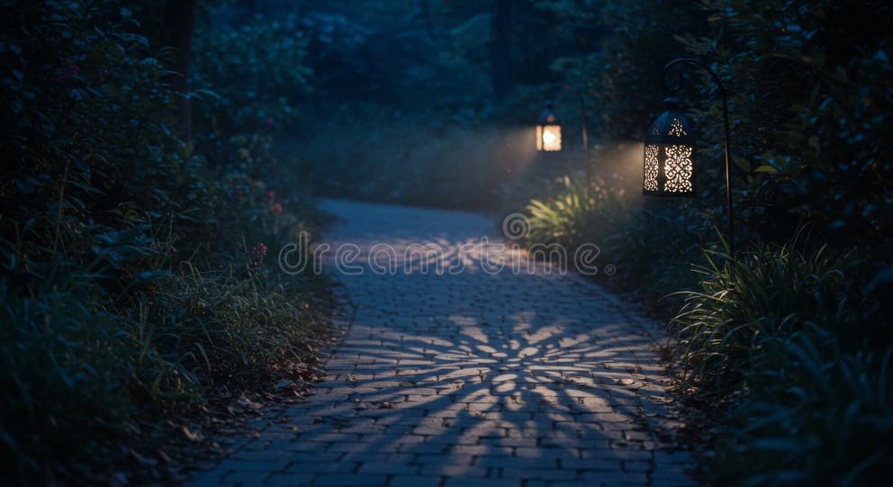 Night Garden Path Illuminated by Lanterns Stock Illustration ...