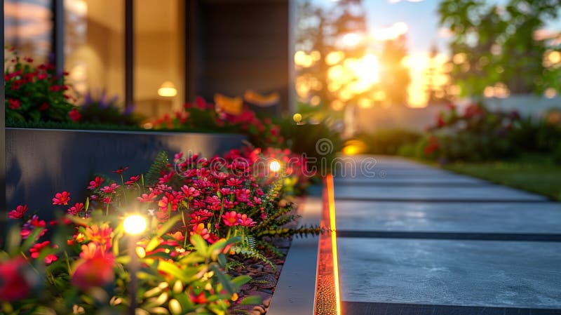 Night Garden Path Illuminated Stock Photo - Image of trees, walkway ...