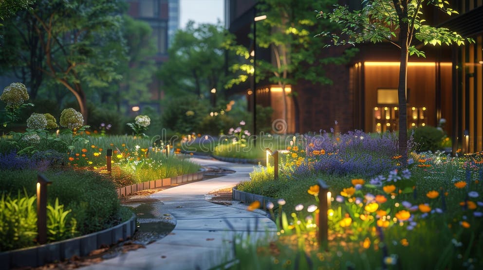 Night Garden Path Illuminated Stock Image - Image of generative ...