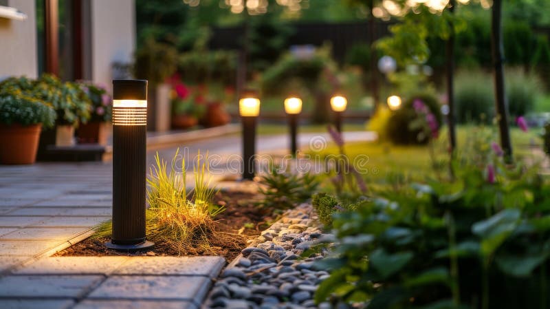 Night Garden Path Illuminated Stock Image - Image of nightlife, night ...