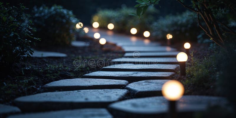 Night Garden Path with Stone Walkway and Lights Stock Photo - Image of ...