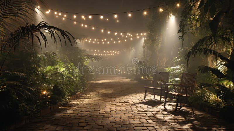 Night Garden Path with String Lights and Fog Stock Illustration ...