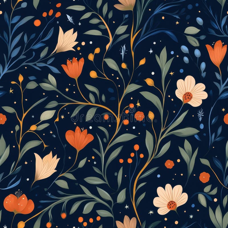 Night Garden: Vibrant Floral and Leaf Patterns on Dark Background. Stock Image - Image of ...