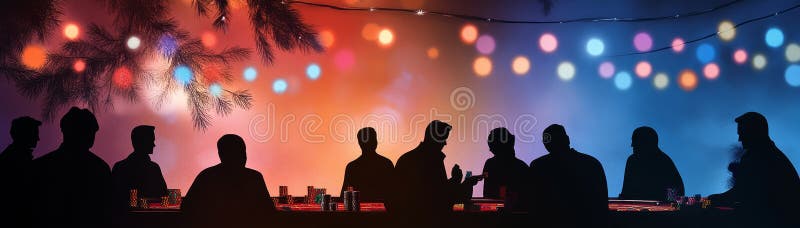 Night Gathering Under String Lights Silhouetted Figures Share a Table ...
