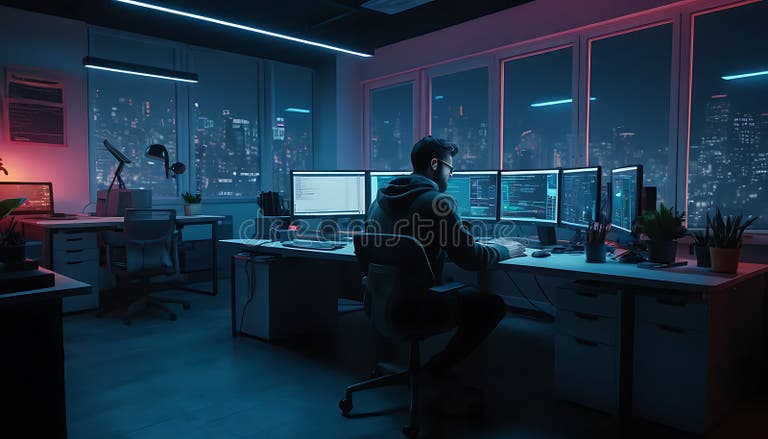 Night Hacker Workstation stock image. Image of games - 386084329