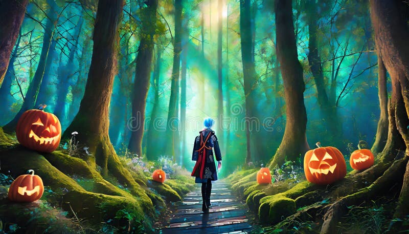 Night Halowen Forest with Figure Stock Illustration - Illustration of ...