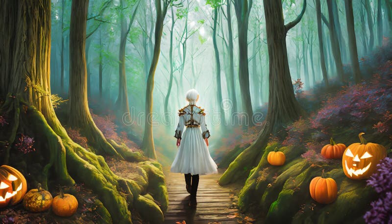 Night Halowen Forest with Figure Stock Illustration - Illustration of ...