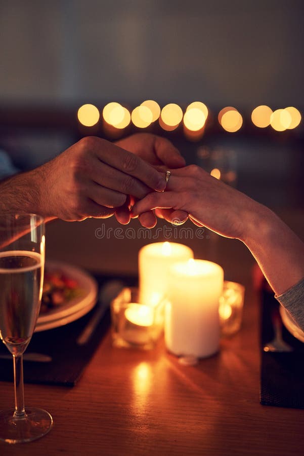 Night, Hands of Couple and Engagement Ring on Date in Restaurant for ...