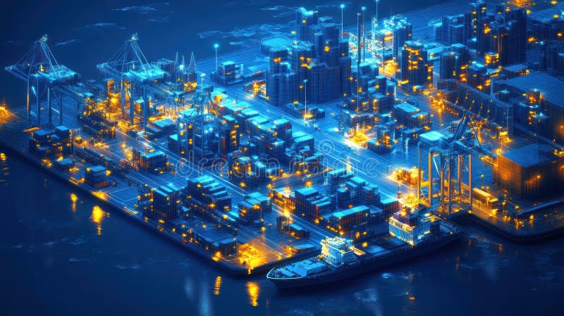 Night Harbor Cityscape, Isometric Illustration, Containers, Ships ...