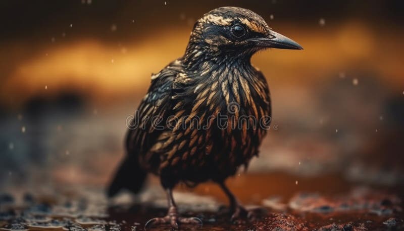 Night Hawk Perching on Wet Branch, Staring at Camera Focus Generated by ...