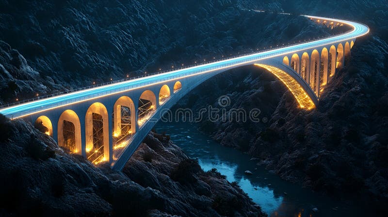 Night Highway Bridge, Mountain Valley, Flowing River, Car Light Trails ...