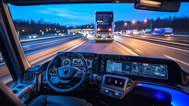 Night Highway Driving: Modern Truck Interior with Digital Dashboard ...