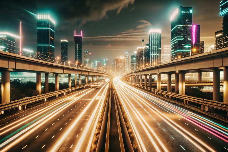 Night Highway through Illuminated City Skyscrapers Stock Illustration ...