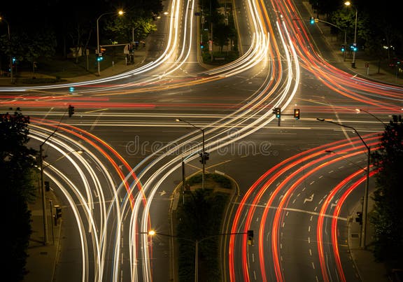 Night Highway Intersection Light Trails Stock Illustration - Illustration of illumination ...