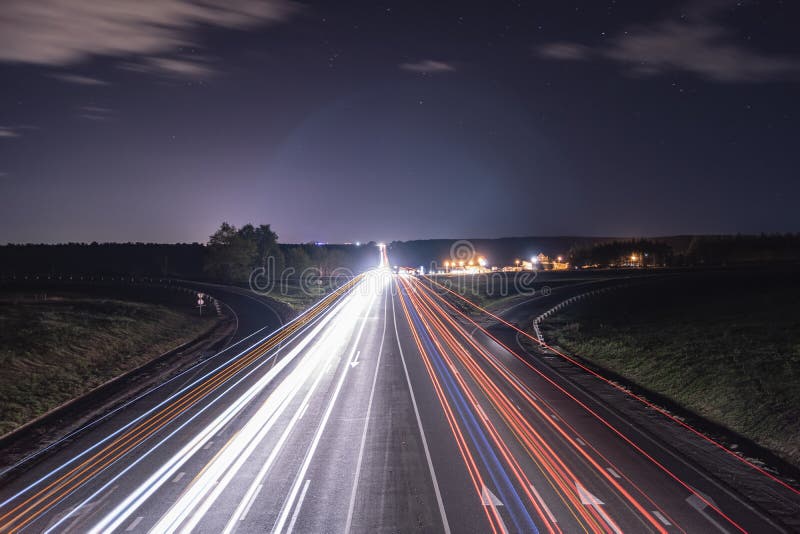 Night road with lights stock image. Image of travel - 141200113