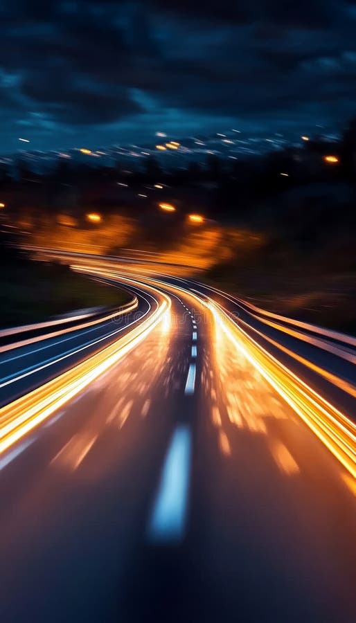 Night Highway Traffic, Long Exposure Light Trails. Fast Driving ...