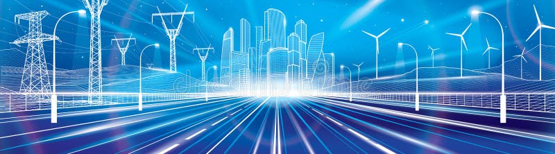 Night Highway. Neon Glow Modern City Illustration. High Voltage ...