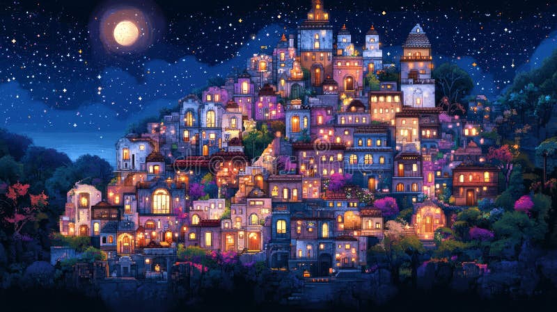 Night Hillside Town with Glowing Lights and Starry Sky Stock ...