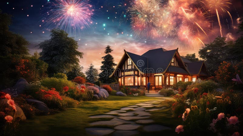 Night house fireworks stock illustration. Illustration of beauty ...
