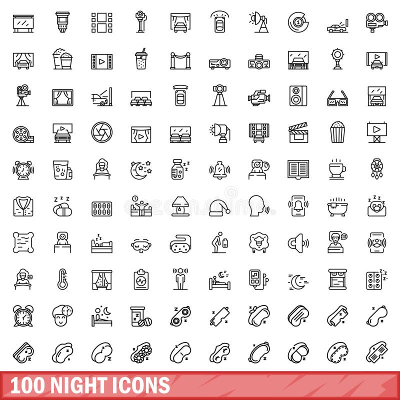 100 Night Icons Set, Outline Style Stock Vector - Illustration of ...