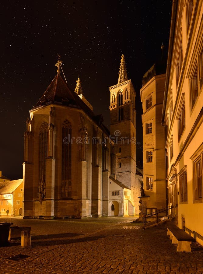 Night Illuminated Cathedral in Rotenburg on Tauber. Stock Image - Image ...