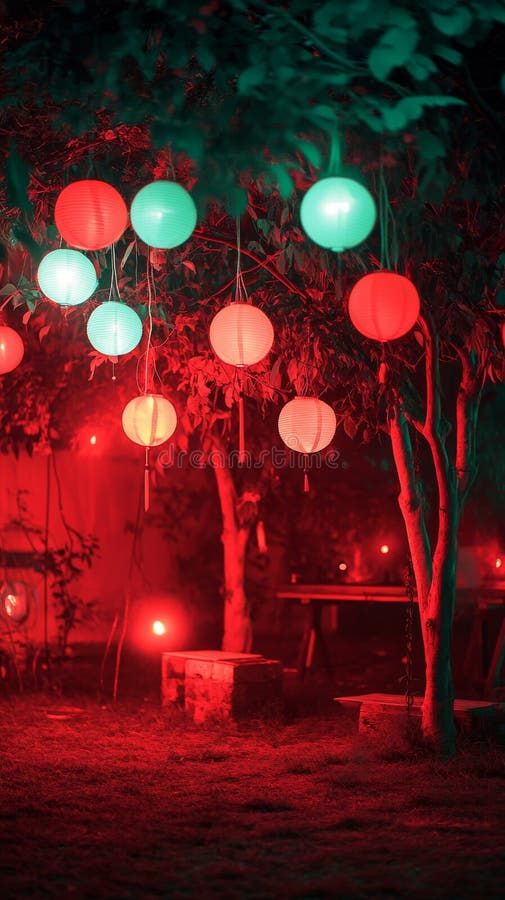 At Night, Illuminated Paper Lanterns in Red and Cream Hues, Suspended ...
