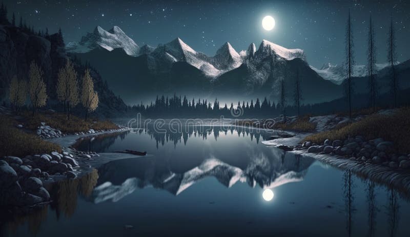 Night Illustration with Moonlight View and Trees at River Stock ...