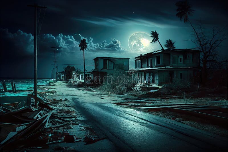 Night Image of Devastated Ruined City after Aftermath Hurricane Stock ...