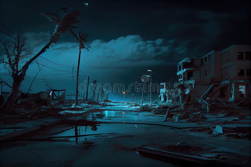 Night Image of Devastated Ruined City after Aftermath Hurricane Stock ...